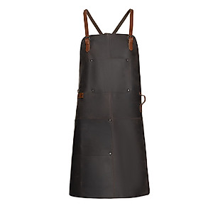 Theodore Top Grain Leather Apron - 32.5” H x 24.5” W with Adjustable Crossback Leather Straps. Our Leather Apron for Men has 2 Large Pockets and a Towel Strap. Grill Apron is Flame & Heat Resistant