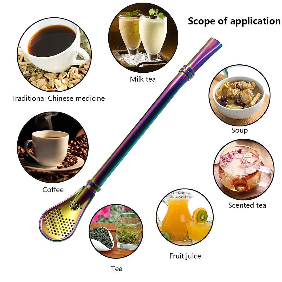 BangBoom 7 Pcs Stainless Steel Drinking Straws with Filter Spoon, Yerba Mate Bombilla, Reusable Stirring Spoon Set with 7 Pcs Cleaning Brush, for Coffee, Tea, Milk and Beverage, Soup (7 Colors)