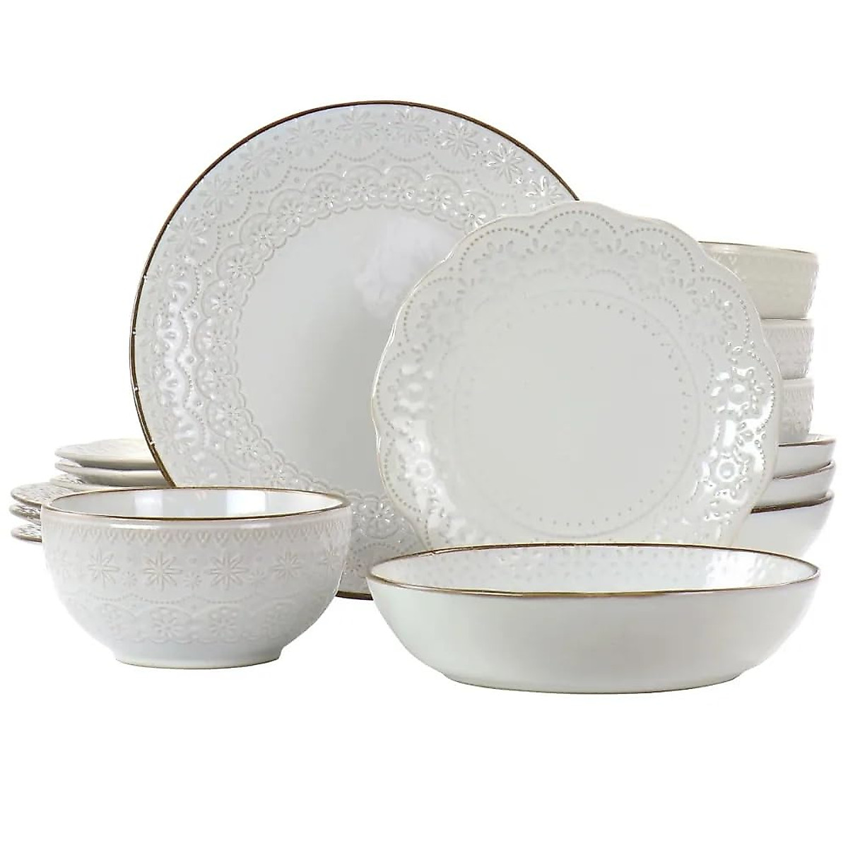 SCTOU Dinner Set 16 Piece Embossed Double Bowl Stoneware Dinnerware Set in Ivory Dish Plates Dinner Sets Plate Tableware
