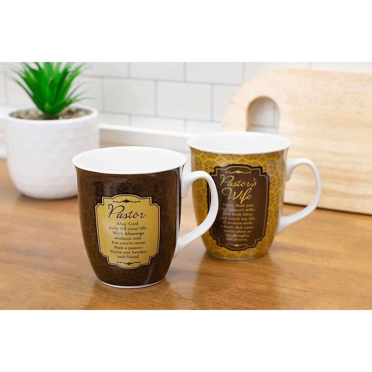 Dicksons Pastor & Pastor's Wife Filigree Medallion 16 Ounce Stoneware Coffee Mugs Boxed Set of 2