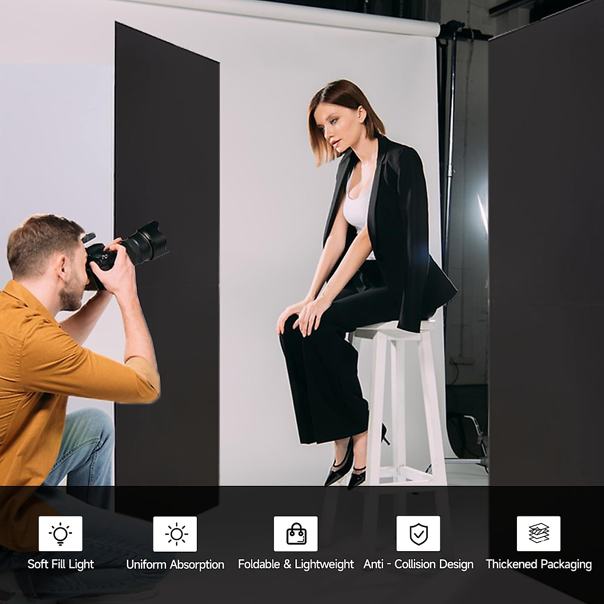 Foldable Light Reflector 2- in-1 Background Cardboard, 78 X78'' Double Black/White Photography Reflector Multi-Use Diffuser Board Includes Carrying Bag, BIEYANG