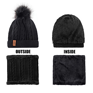 Knit Balaclavas Pom Beanie Hat Scarf Set for Womens Mens Winter Ski Hat Slouchy Skull Cap with Fleece Lined Black