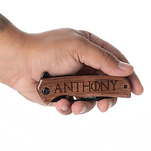 Gifts for Men, Personalized Engraved Walnut Wood Pocket Knife - 36 Icons, 13 Stylish Font - Custom Knives