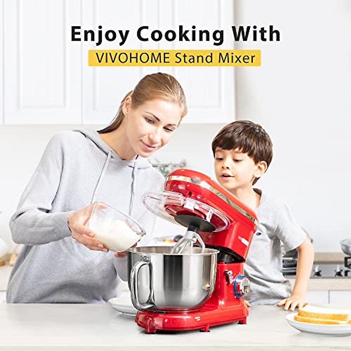 VIVOHOME Stand Mixer, 660W 10 Speed 6 Quart Tilt-Head Kitchen Electric Food Mixer with Beater, Dough Hook, Wire Whip and Egg Separator, Red
