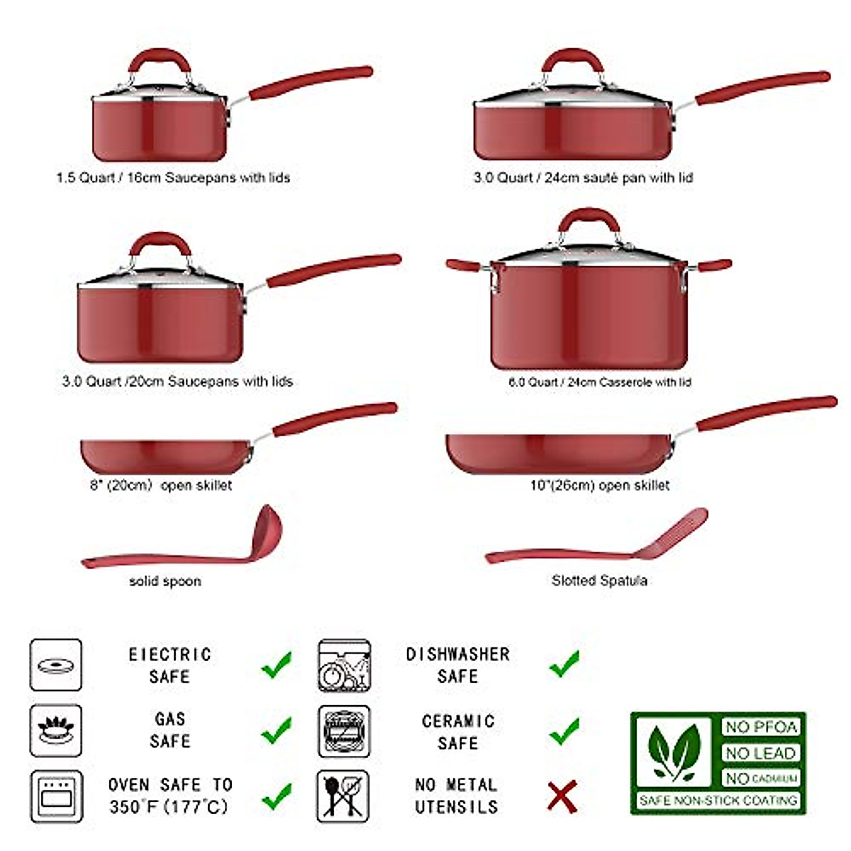 Amazon Basics Aluminum NS 12pc Red cookware set, 12 piece