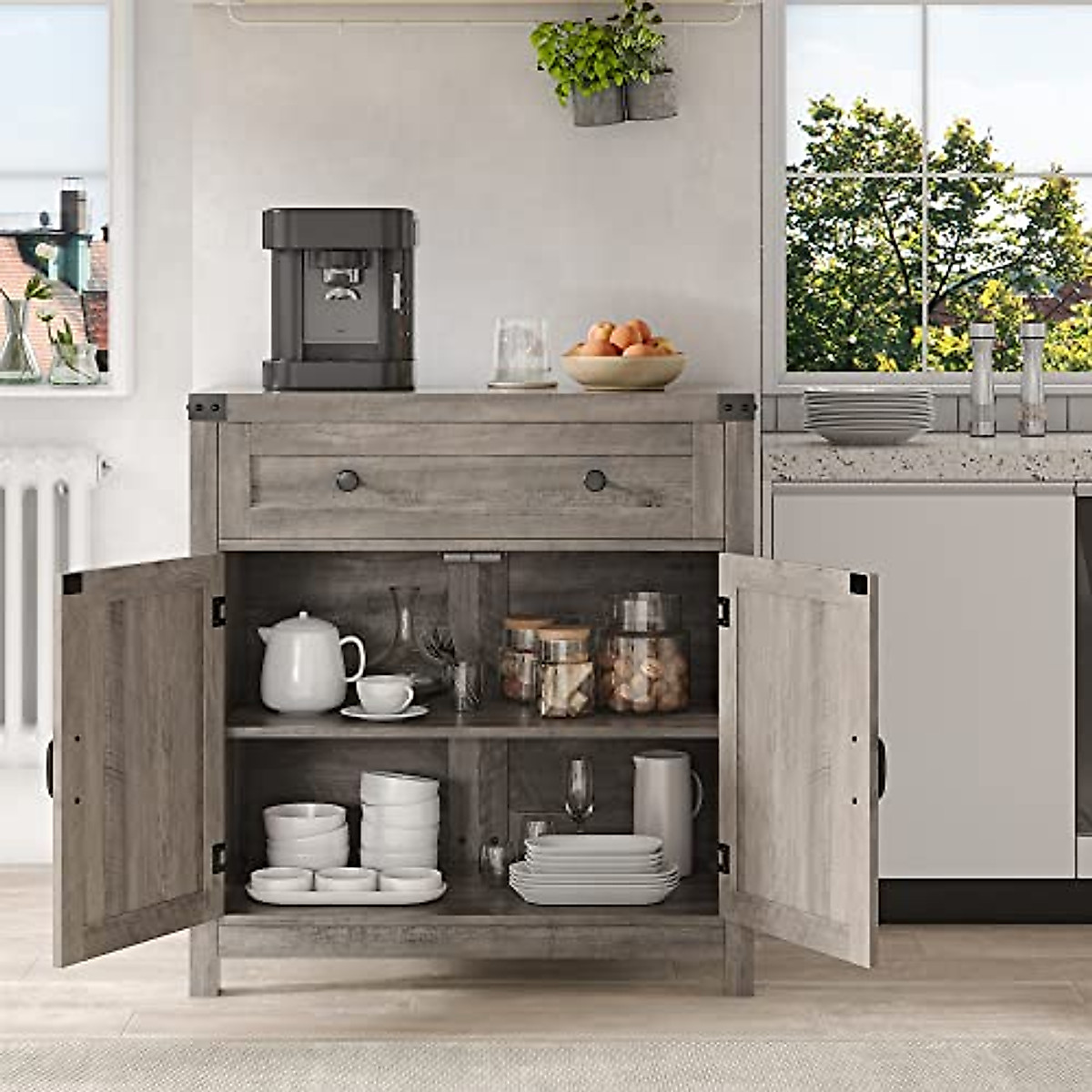 HOSTACK Coffee Bar Cabinet, Modern Farmhouse Buffet Sideboard with Drawer and Adjustable Shelf, Barn Door Storage Cabinet for Kitchen, Dining Room, Bathroom, Entryway, Ash Grey