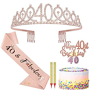 MVUOCR 40th Birthday Decorations Gifts for Women, 40th Birthday Crown/Tiara and 40 Birthday Sash, Cake Toppers Birthday Candle, Rose Gold 40 Birthday Decorations Party Accessories for Women