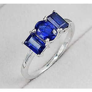 Gemstone 925 Sterling Silver Natural 7X5 MM Blue Kyanite Oval Cut January Birthstone Cluster Unisex Ring For Wedding Gift (Rhodium Plated Silver, 8.5)