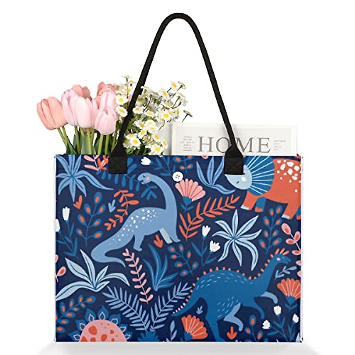 Cartoon Dinosaur Reusable Grocery Shopping Bag with Hard Bottom, Cute Animal Large Foldable Multipurpose Heavy Duty Tote with Zipper Pockets, Stands Upright, Durable and Eco Friendly, Beach Bag