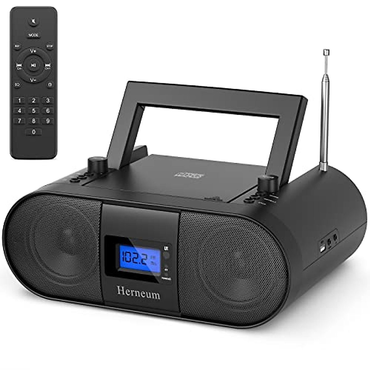 CD Player Portable, FM Radio with Dual Stereo Sound System, Rechargeable Bluetooth Boombox with Remote Control, Playback CD/CD-R/CD-RW/MP3, Support USB & AUX-in, Headphone Output