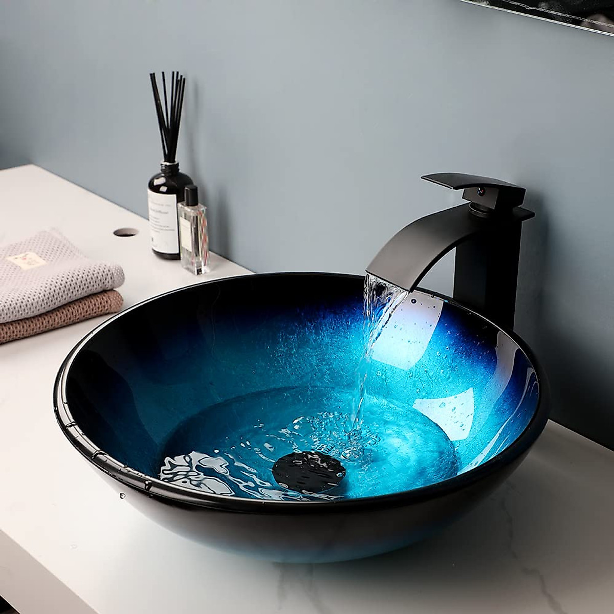 MEKKHALA Blue Bathroom Sinks Balck Glass Vessel Sinks for Bathroom Countertop Round Vanity Sink Bowl Combos Black Mixer Faucet and Drain Set Glass Basin Bowl for Bathrooms Large