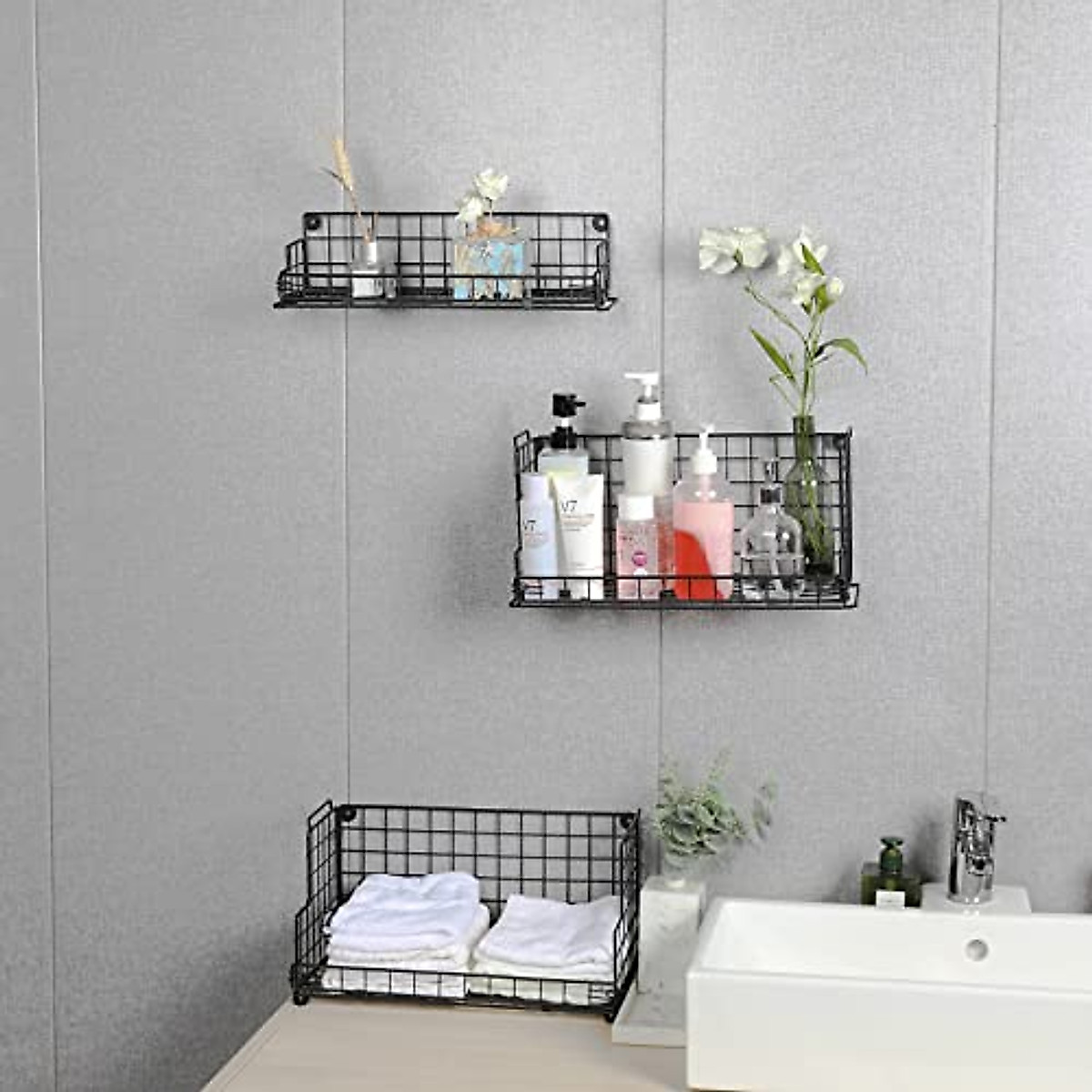 X-cosrack Stackable Wire Basket 3 Tier Countertop& Wall Mounted Metal Storage Basket for Kitchen Pantry Cabinet, Muti-functional Open Front Bin Organizer for Food Fruit Snack, Black