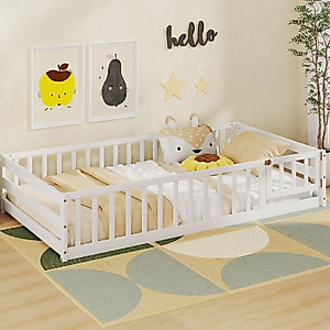 Giantex Twin Floor Bed with Door & Fence, Kids Wood Montessori Bed with Safety Guardrails, Floor Bed Frame for Kids, Boys, Girls, No Box Spring Needed, Floor Bed Twin (White)