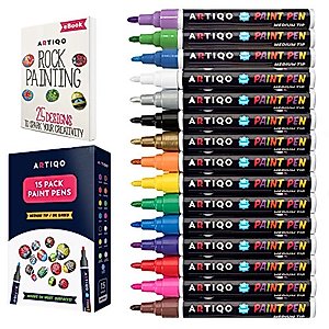 Paint pens for Rock Painting - Wood, Glass, Metal and Ceramic Works on Almost All Surfaces Set of 15 Vibrant Medium tip Oil Paint Marker Pens, Quick Dry, Water Resistant