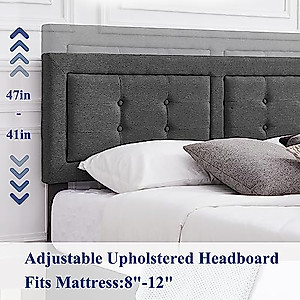 VECELO Queen Size Upholstered Bed Frame with Height Adjustable Fabric Headboard, Heavy-Duty Platform Bedframe/Mattress Foundation/Strong Wood Slat Support/No Box Spring Needed, Grey