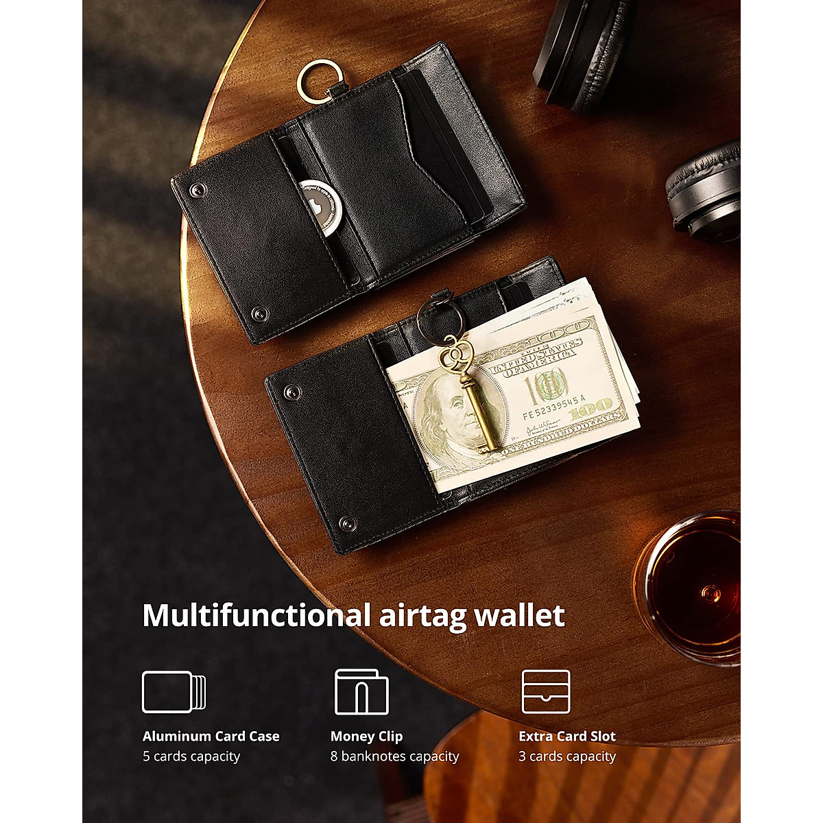 YESIIW Airtag Wallet For Men - Multifunctional Wallet Leather Card Holder With Keychain, Protection Up To 10 Cards Card Case