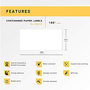 HOUSELABELS Compatible with DK-2214 Replacement Roll for Brother QL Label Printers; Continuous Length Labels; 1/2" 100 feet (12mm*30.48m) with 1 Reusable Cartridge - 6 Rolls