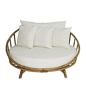 ZEW Bamboo Round Daybed Outdoor Indoor Large Accent Sofa Chair Lawn Pool Garden Seating with Cushion and Pillows Sofabed, Natural