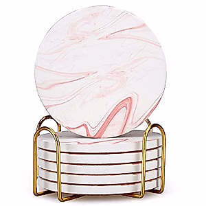 6 Pcs Cute Pink Marble Coasters with Holder Absorbent Ceramic Cup Coasters Best Decorative Round Cool Coaster Set Bar Modern Coasters Table Drink Coasters