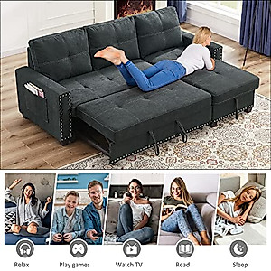Sectional Sleeper Sofa with Pull-Out Bed, 85-inch Modern Fabric Upholstered L Shaped Sectional Couch Bed with Reversible Storage Chaise Side Pocket, Furniture for Living Room Bedroom Apartment, Black