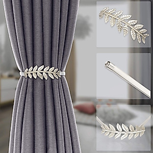 4Pack Aluminum Alloy Spring Design Curtain Tiebacks - Leaf Carving Design Curtain Ties for Drapes - Modern Style Holdbacks (Silver Leaf)