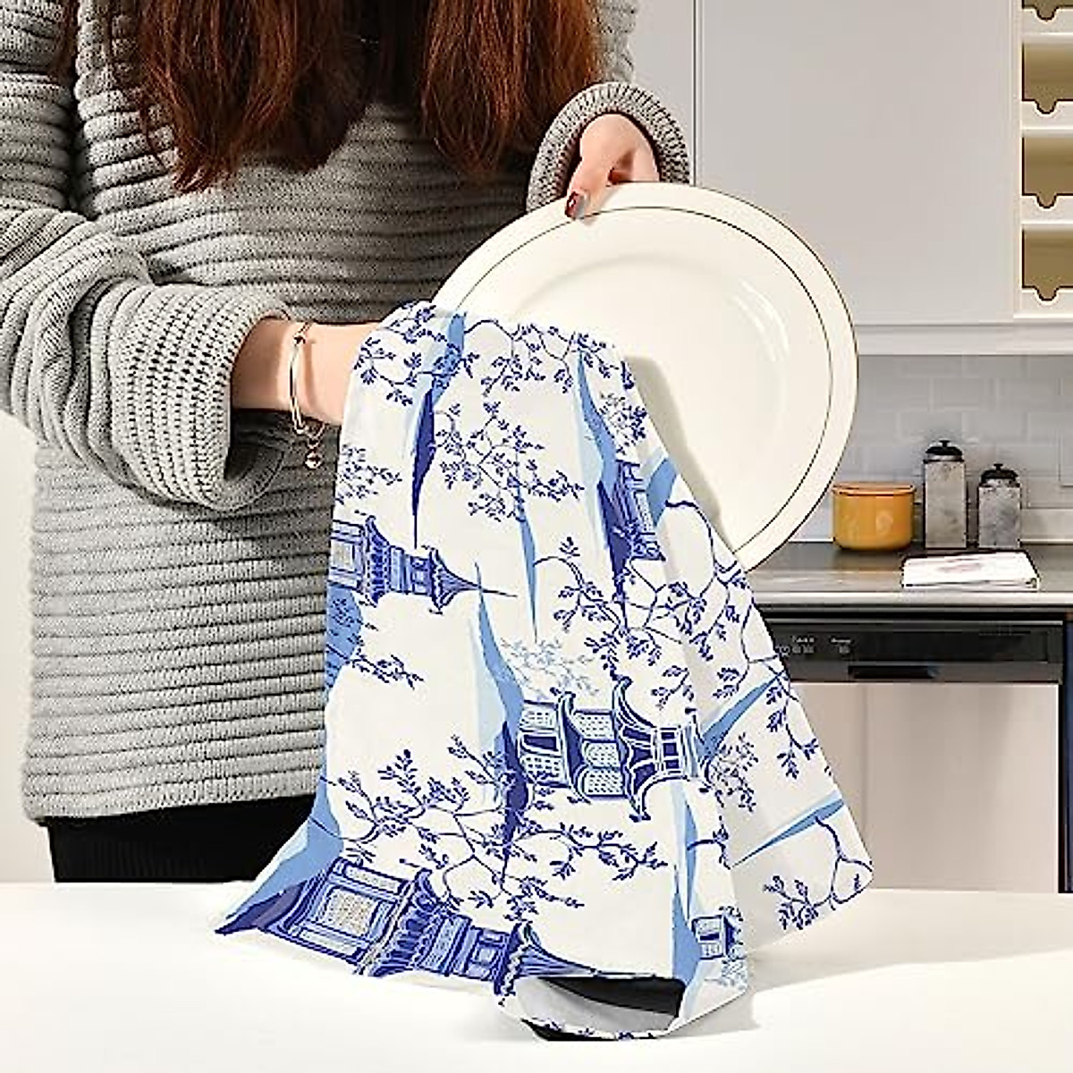 pnyoin Vintage Ink Pagodas Chinoiserie Style Kitchen Dish Towels with Hanging Loop Dishcloths Dish Rags Bar & Tea Towels Highly Absorbent Set of 4 for Cooking Drying Cleaning 18x28in