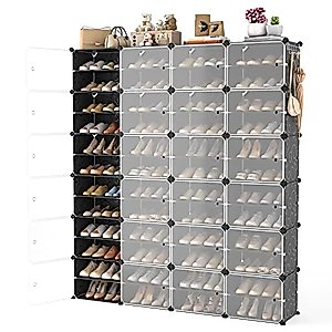 WEXCISE Portable Shoe Rack Organizer with Door, 96 Pairs Shoe Storage Cabinet Easy Assembly, Plastic Adjustable Shoe Storage Organizer Stackable Detachable Free Standing DIY Expandable 12 Tier Black