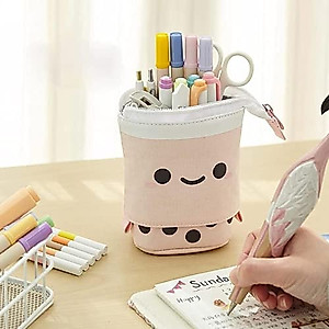 Cute Pencil Case Kawaii Standing Pen Holder Bubble Tea Boba Milktea Pop Up Back to School Supplies Stationery Organizer Bag with Smile Face Cosmetics Pouch Makeup Bag for Kids Students Teens (Pink)