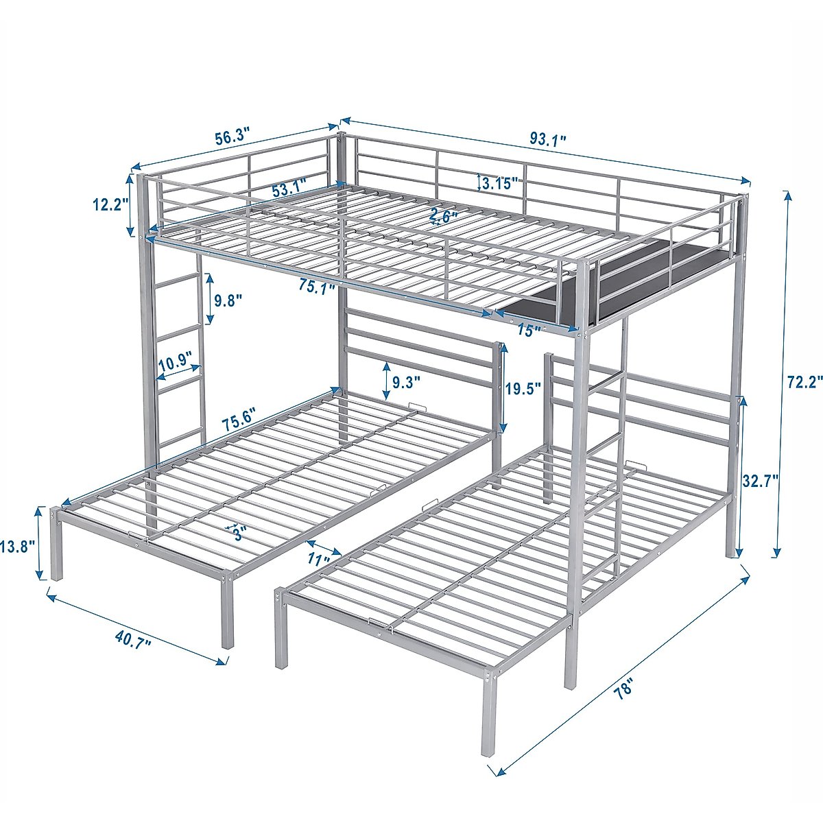 Oudiec Triple Bunk Bed,Full Over Twin&Twin Size Bunk Bed with Built-in Shelf&Ladders,L-Shaped Bunk Bed with Full-Length Guardrails, Space-Saving, Noise-Free, Silver