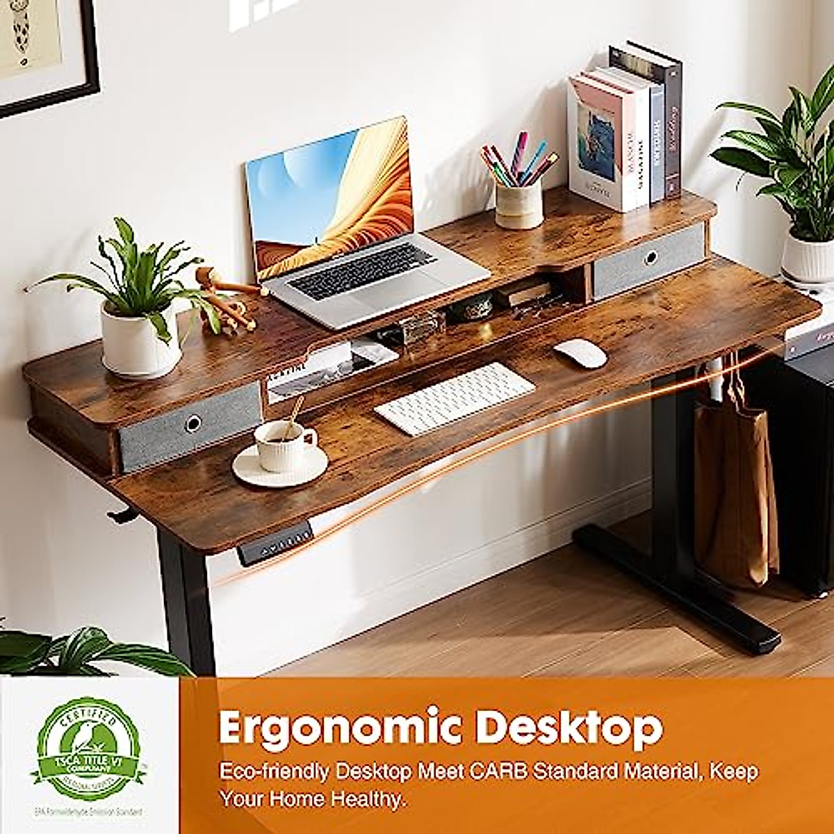 Sweetcrispy Electric Standing Desk Adjustable Height, 55 x 24 inch Stand up Sit Stand Desk with Drawers, Ergonomic Home Office Rising Table Computer Workstation with Storage Shelf, Rustic Brown