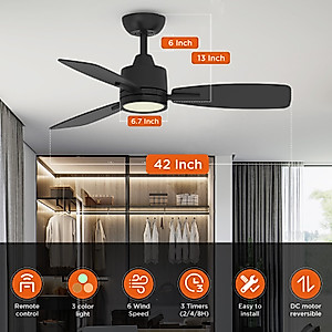 TALOYA 42 Inch Black Ceiling Fans with Lights Led Remote Control Flush Mount Low Profile for Bedroom Farmhouse Patio Outdoor Living Room Kitchen Dining Room,DC Motor,Reversible,3 Color Temperatures