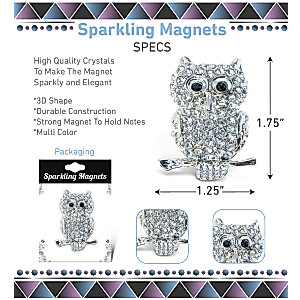 CoTa Global Owl Sparkling Refrigerator Magnet - Silver Sparkling Rhinestones Crystals, Cute Wild Life Animal Bird Magnet For Kitchen Fridge and Locker, Home Decor and Cool Office Decor Novelty - 1.75"