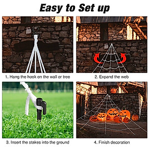 Halloween Spider Web Decoration Outside 16ft + Giant Spider 35" + Stretchy Dense Spider Silk Rope and 2 Small Spiders Triangular Huge Spider Web for Yard Outdoor