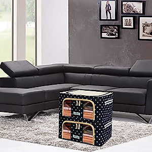 WANLIAN Clothes Bin,Oxford Cloth Sturdy Steel Frame Collapsible Foldable Bin,With Window And Carry Handles Storeage Container(2 Pack, Navy Blue Wave)