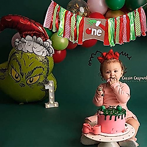 Christmas High Chair Banner, Christmas 1st Birthday Sign Banner, Candy Cane Red & Bright Green Highchair Garland,Christmas Crown Hat for Kids Christmas First Birthday, Photo Booth Props And Cake Smash