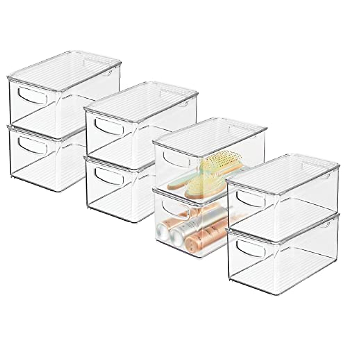 mDesign Deep Plastic Bathroom Storage Bin Box, Lid/Built-in Handles, Organization for Makeup, Hair Styling Tools, Toiletry Accessories in Cabinet, Shelves, Ligne Collection, 8 Pack, Clear