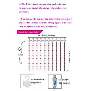 ORSMGOLF Fairy Curtain String Lights, Room Decor &Ideal Gift for Teens Girl, 8 Modes Wall Lights & Valentine's Day Indoor Decorations (Pink)