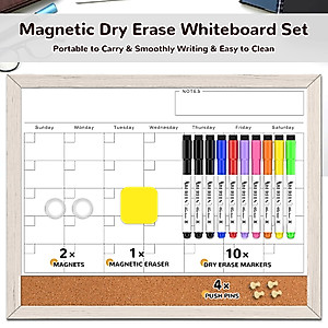 Monthly Whiteboard Calendar & Corkboard for Wall, Magnetic 17"x13" Dry Erase Board with White Wood Framed, 2in1 White Board Cork Board Combo, Calendar Bulletin Board for Kitchen Planner Memo Office