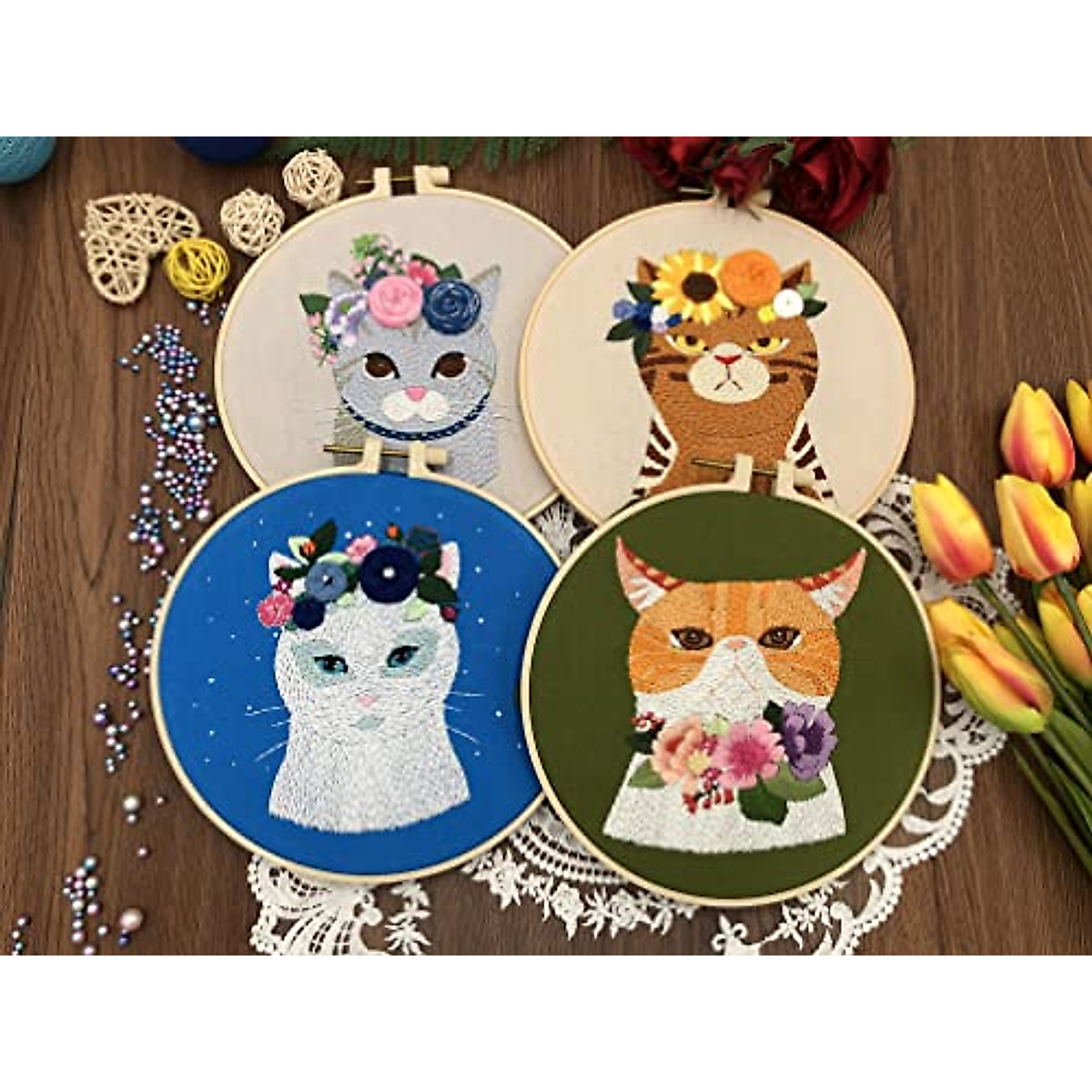 hi stone 4 Embroidery Sets for Beginners, DIY Adult Beginner Cross Stitch Kits, 4 Cross Stitch Kits, 2 Embroidery Hoops,Scissors,Needles,Needlepoint Kit for Adults