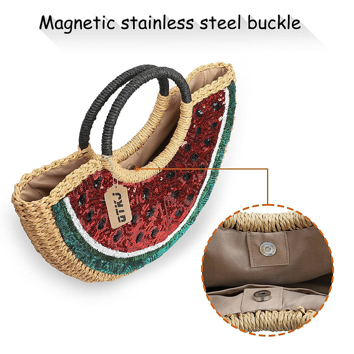 Semi-circle Rattan Straw Handbags, Hand-woven Summer Watermelon Beach Straw Bag with Sequin for Women