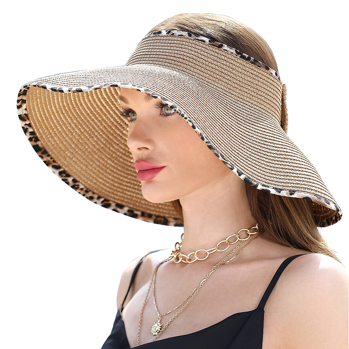 Womens Beach Straw Sun Hats Ponytail Hole Wide Brim Summer Visor Foldable Hat Sun Protection Packable for Travel Pool(One Size,Khaki with Leopard)