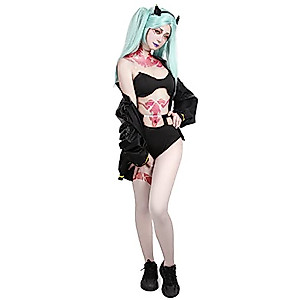 C-ZOFEK Rebecca Cosplay Outfits Black Coat Halloween Costume (X-Large) with Tattoo Stickers (pink)