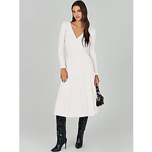 ANRABESS Womens Wrap Midi Sweater Dresses Long Sleeve V Neck Bodycon High Waist Ribbed Knit Pleated A-Line Dress 2024 Trendy X-Large White