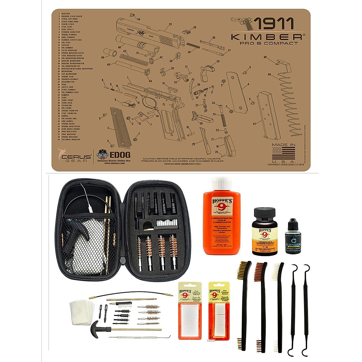 EDOG Range Warrior 27 Pc Gun Cleaning Kit - Compatible with Kimber 1911 Compact & Pro - Tan - Schematic (Exploded View) Mat, Range Warrior Universal .22 9mm - .45 Kit & Tac Book Accessories Set