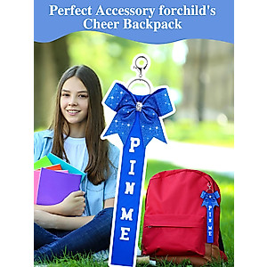 Landical 24 Pcs Cheer Pin Me Ribbon Cheer Keychain Cheer Ribbon Pins with Rhinestones Bow for Cheerleader Bag Backpack (Blue)