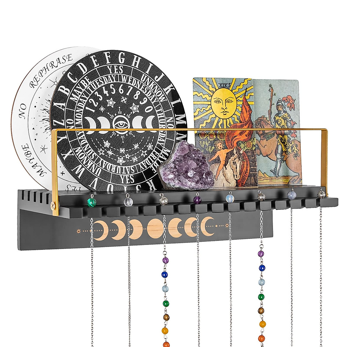 Ceiner Crystal Pendulum Wall Shelf Ouija Board Display, Wood Moon Phase Wiccan Black Holder for Stone Divination Tarot Oracle Card, Witchcraft Decor Organizer Pagan Altar Supply for Witchy Gift