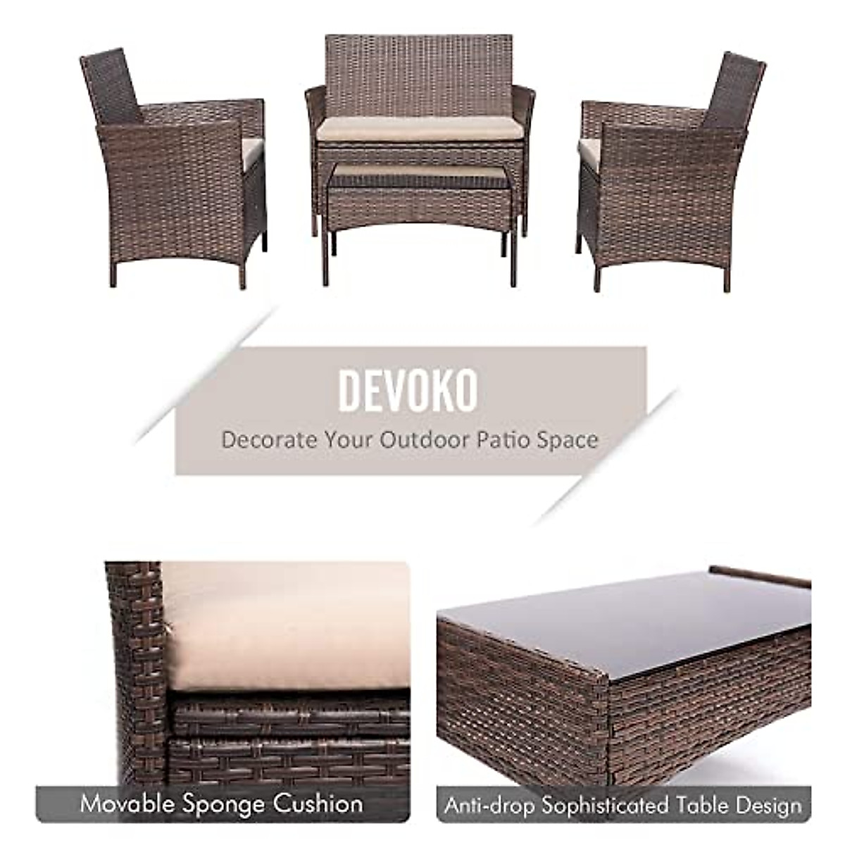Devoko 4 Pieces Patio Porch Furniture Sets PE Rattan Wicker Chairs Beige Cushion with Table Outdoor Garden Patio Furniture Sets (Brown)