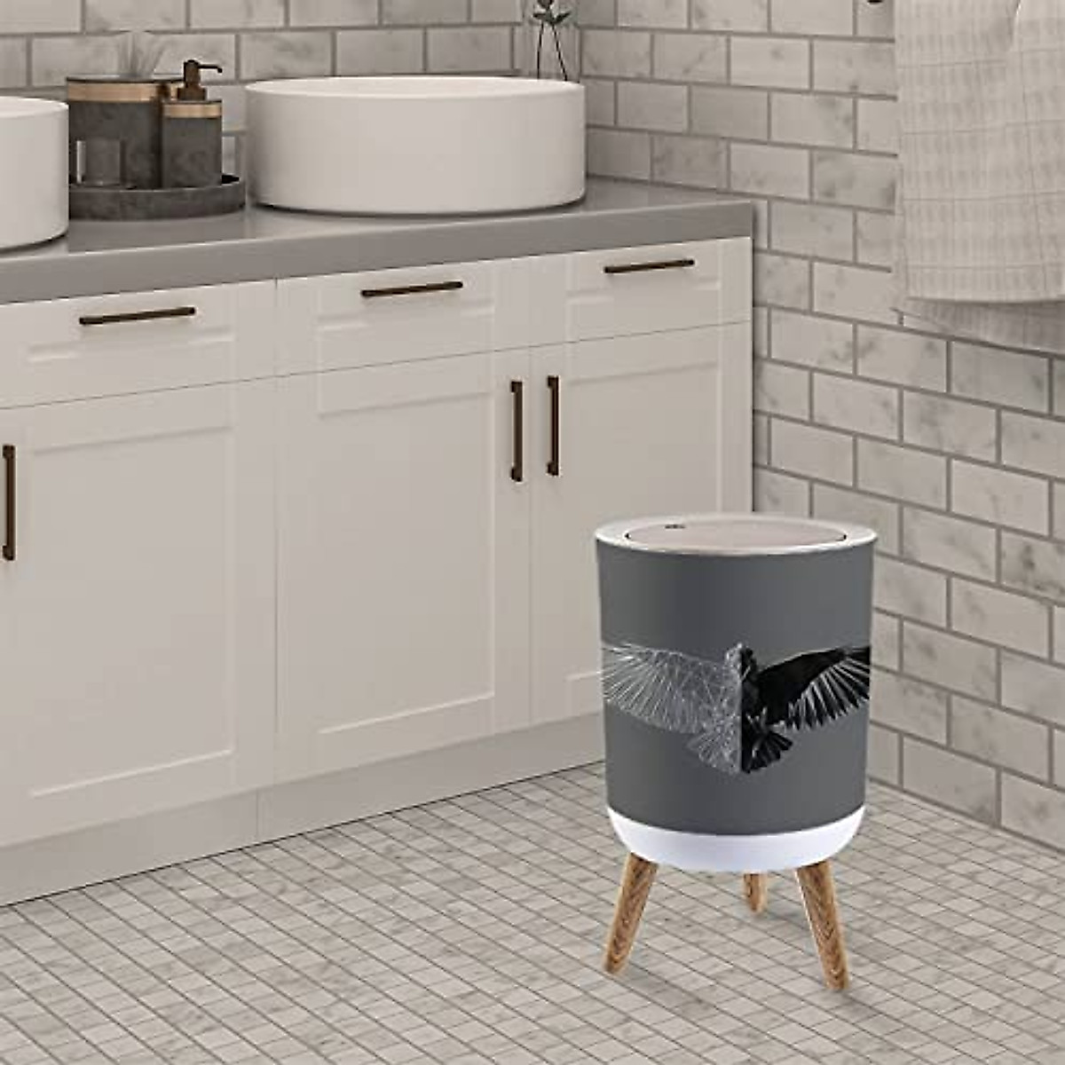 Small Trash Can with Lid Raven in Flight on Grey Low Triangular and Wireframe EPS 8 Isolated 7 Liter Round Garbage Can Elasticity Press Cover Lid Wastebasket for Kitchen Bathroom Office 1.8 Gallon