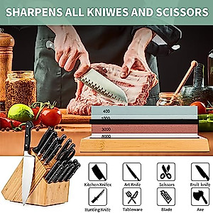 knife sharpening Stone kit, sharpening stone 4 Side Grit 400/1000 3000/8000 Waterstone, Includes Leather Strop, Bamboo Base, Flattening Stone, Slip Rubber Bases, and Angle Guide