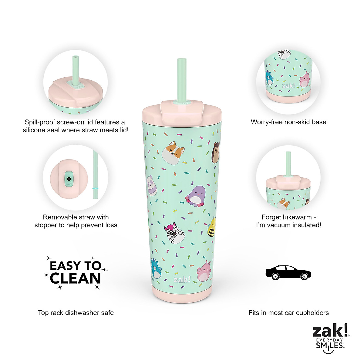 Zak Designs Squishmallows Straw Tumbler for Travel or At Home, 24oz Stainless Steel with Vacuum Insulation and Non-Skid Base (Squishmallows)